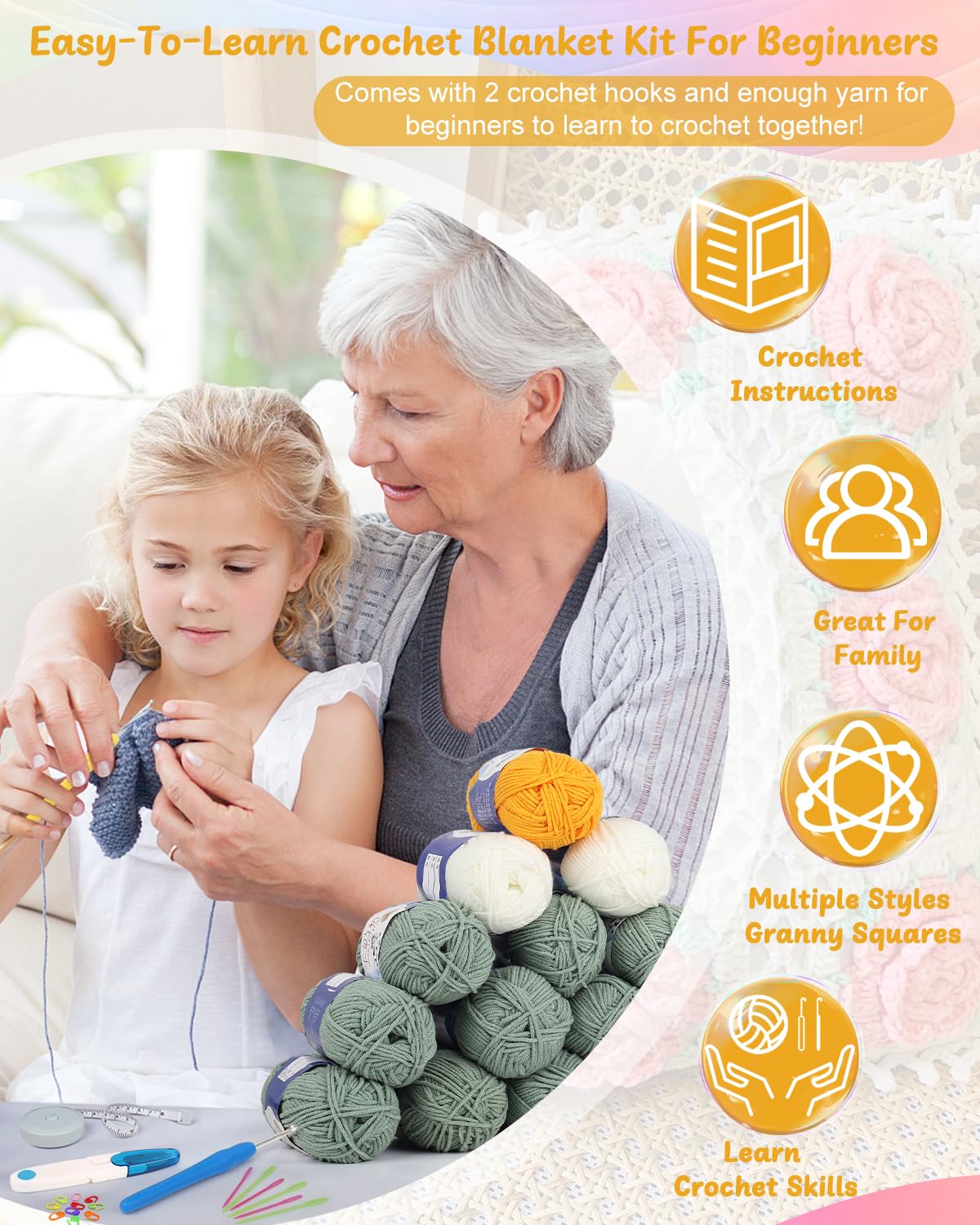 Coopay Crochet Kit Beginners for Blanket, Granny Squares Crochet Blanket Kit with Instructions & Enough Yarn, Complete Crochet Starter Kit Easy Learn to Crochet Blanket Kit for Beginners Adults