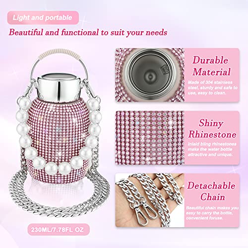 Diamond Water Bottle Bling Diamond Vacuum Flask Sparkling Glitter 7.78 OZ Bottles with Pearl Bracelet for Women Refillable Insulated Bottle Stainless (Pink)