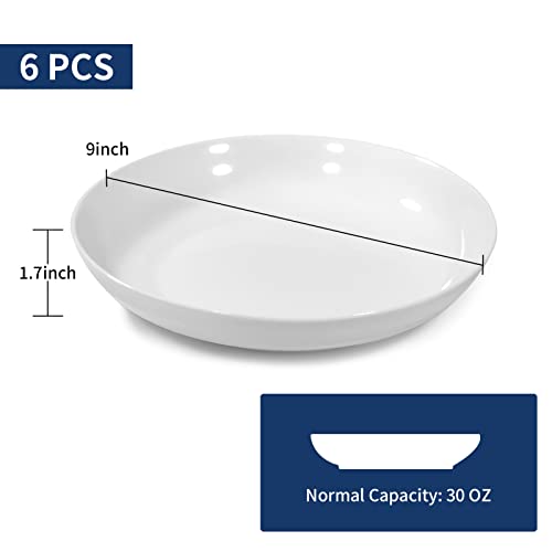 Cnyiyeci Pasta Bowls 30oz, Salad Plates 6 Packs 9β Large White Ceramic Serving Bowls Shallow for Noodles Salad oven Dishwasher Safe