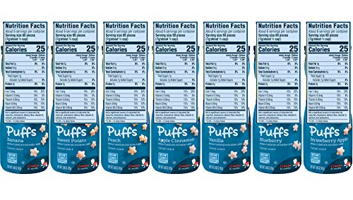 Gerber Puffs Variety Pack - 1 Banana, 1 Sweet Potato, 1 Peach, 1 Apple Cinnamon, 1 Vanilla, 1 Blueberry, 2 Strawberry Apple - 1.48 OZ each (8 CT)