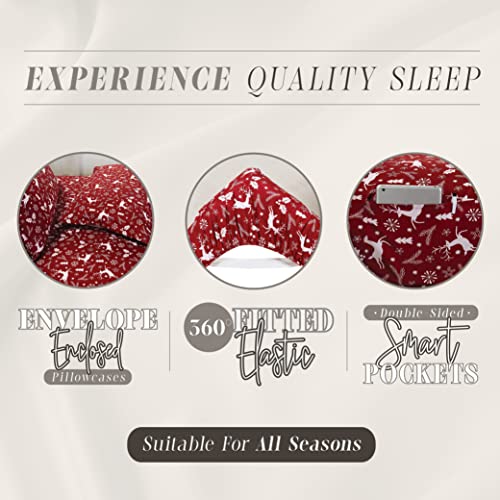 Elegant Comfort Holiday Printed 6-Piece Sheet Set, 1500 Thread Count, Breathable and Super Soft Material, Wrinkle Resistant, Fitted Sheets with Smart Pockets, 6PC King, Burgundy Reindeer