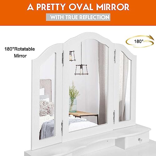 KJNS White Tri Folding Mirror Vanity Makeup Table Stool Set Desk with 4 Drawers Vanity Desk Makeup Vanity Side Tables Bedroom Vanity Table Portable Desk Vanity Set