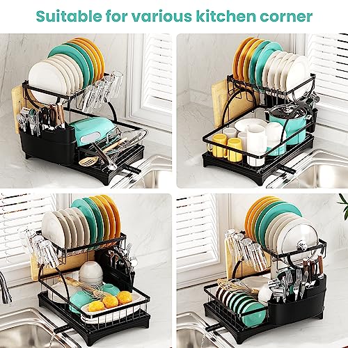 Elerator Dish Drying Racks for Kitchen Counter, Large 2 Tier Dish Rack with Drainboard, Rust-Proof Metal Dish Drainers with Detachable Cup Holder, Cutlery Holder, Cutting Board Holder.