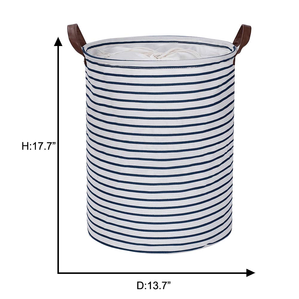 FRIENDIY Large Laundry Hamper, Removable Laundry Basket, foldable fabric laundry basket, drawstring waterproof round cotton linen storage basket. (Blue Strips, 17.7"/Medium)