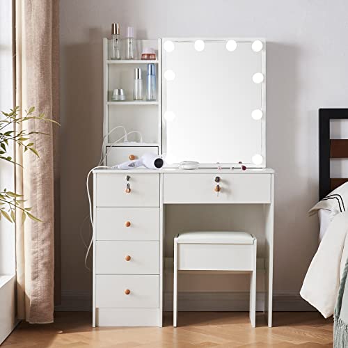 Jansaimei Makeup Vanity with 10 Light Bulbs, Vanity Desk Dressing Table Set with 6 Large Capacity Drawers and Cushion Chair for Bedroom, Vanity for Girls and Women