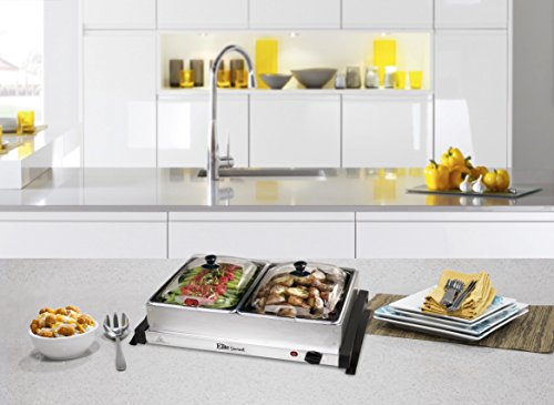 Elite Gourmet EWM-6122 Dual 2 x 2.5 Qt. Trays, Buffet Server, Food Warmer Temperature Control, Clear Slotted Lids, Perfect for Parties, Entertaining & Holidays, 5 Qt Total, Stainless Steel