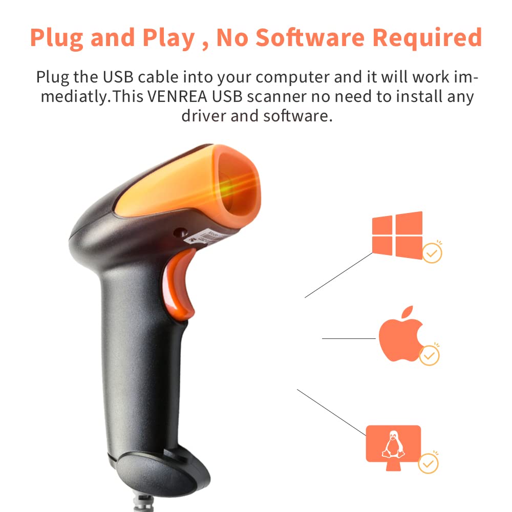 VENREA QR 1D Barcode Scanner, USB Wired Handheld High Speed QR Code Reader Compatible for Windows/Mac Square POS System Mobile Payment 1D Code on PC and Phone Screen