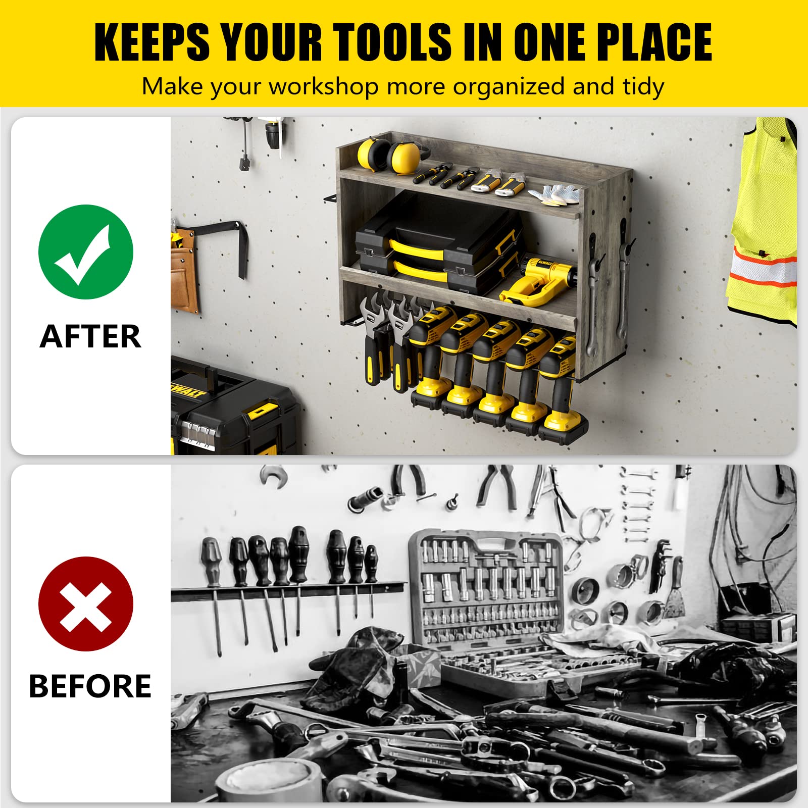 Bowdanie 4 PCS Broom Holder Wall Mount and Power Tool Organizer, Drill Storage and Charging Station for Garage Tool Organizer