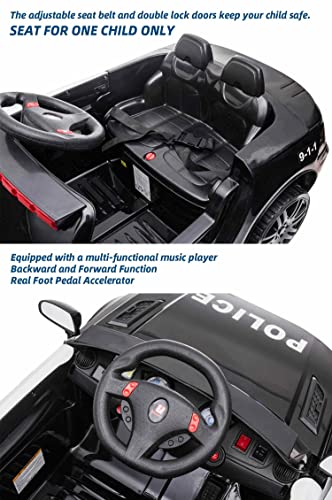 u URideon 12V Ride on Police Car for Kids, Battery Powered Electric Vehicle SUV with Remote Control, Siren, Flashing Light, Music (Black)
