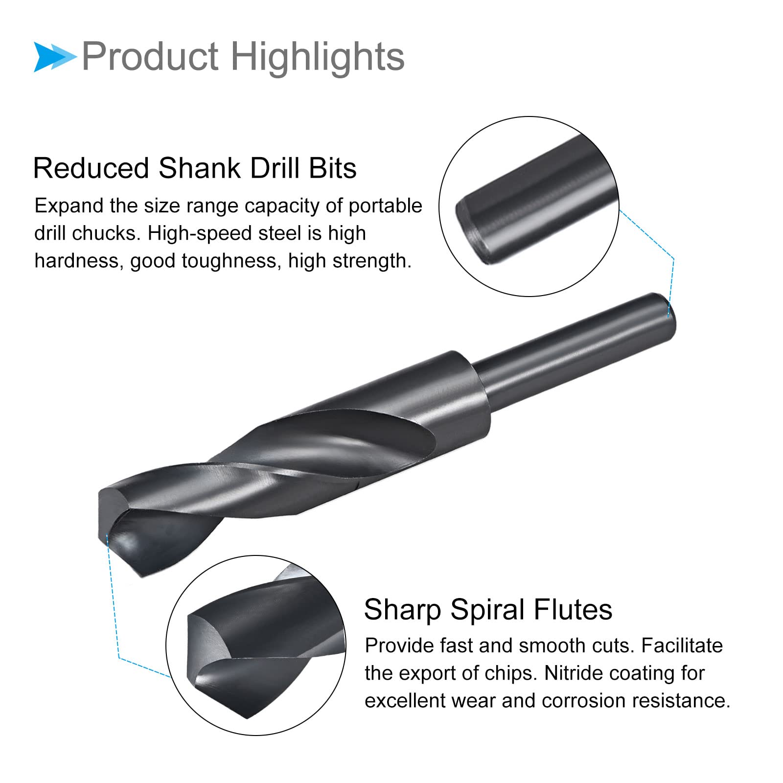 CoCud Reduced Shank Drill Bit, 27mm Cutting Edge 1/2" Shank, Nitride Coated High Speed Steel 6542 Twist Drill Bits - (Applications: for Stainless Steel Metal Wood)