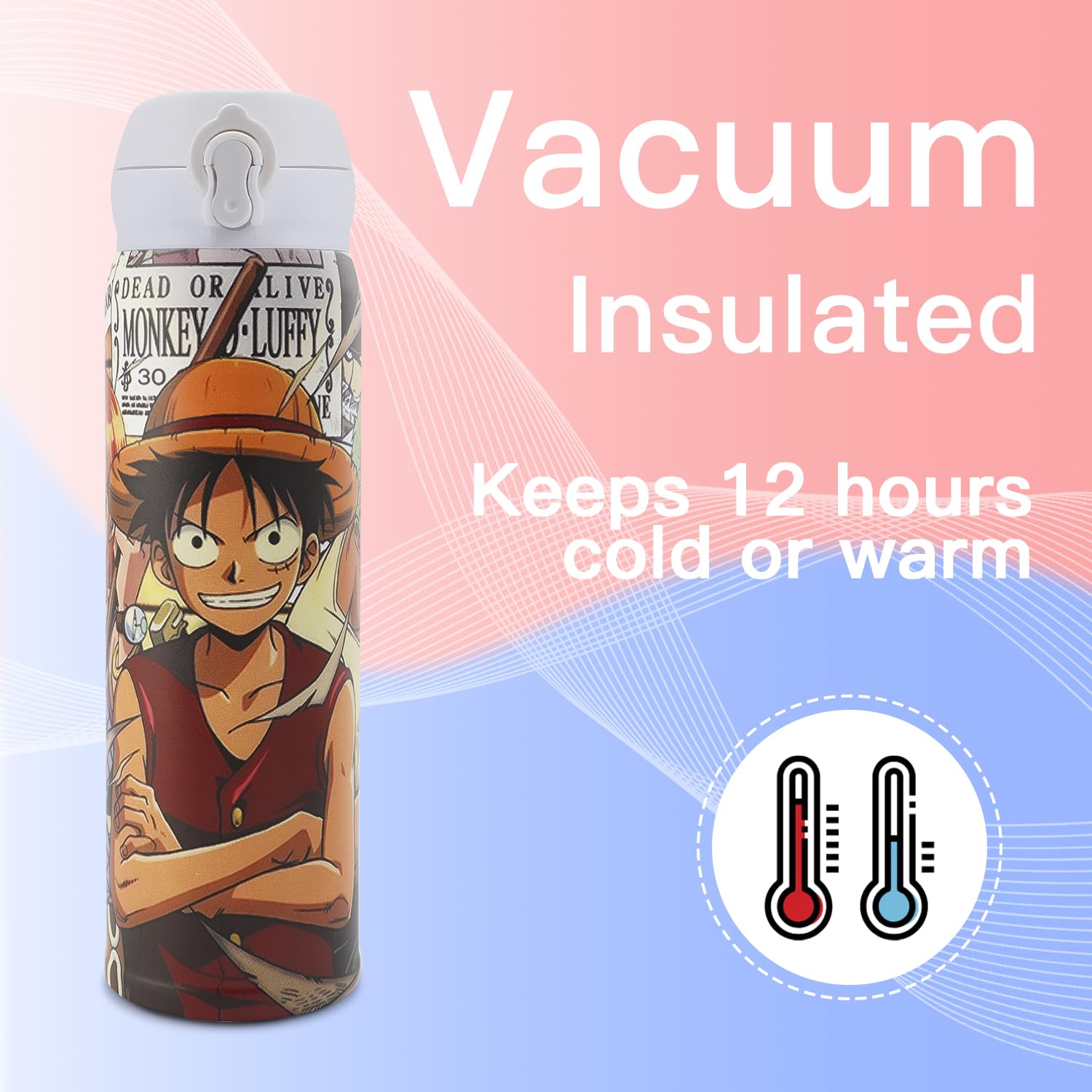 CNEISEJK Anime Piece Water Bottle, 16.9oz Vacuum Insulated Luffy Zoro Stainless Steel Cup Thermoses with Locking Cover Leak-Proof Design, 500ML, Orange