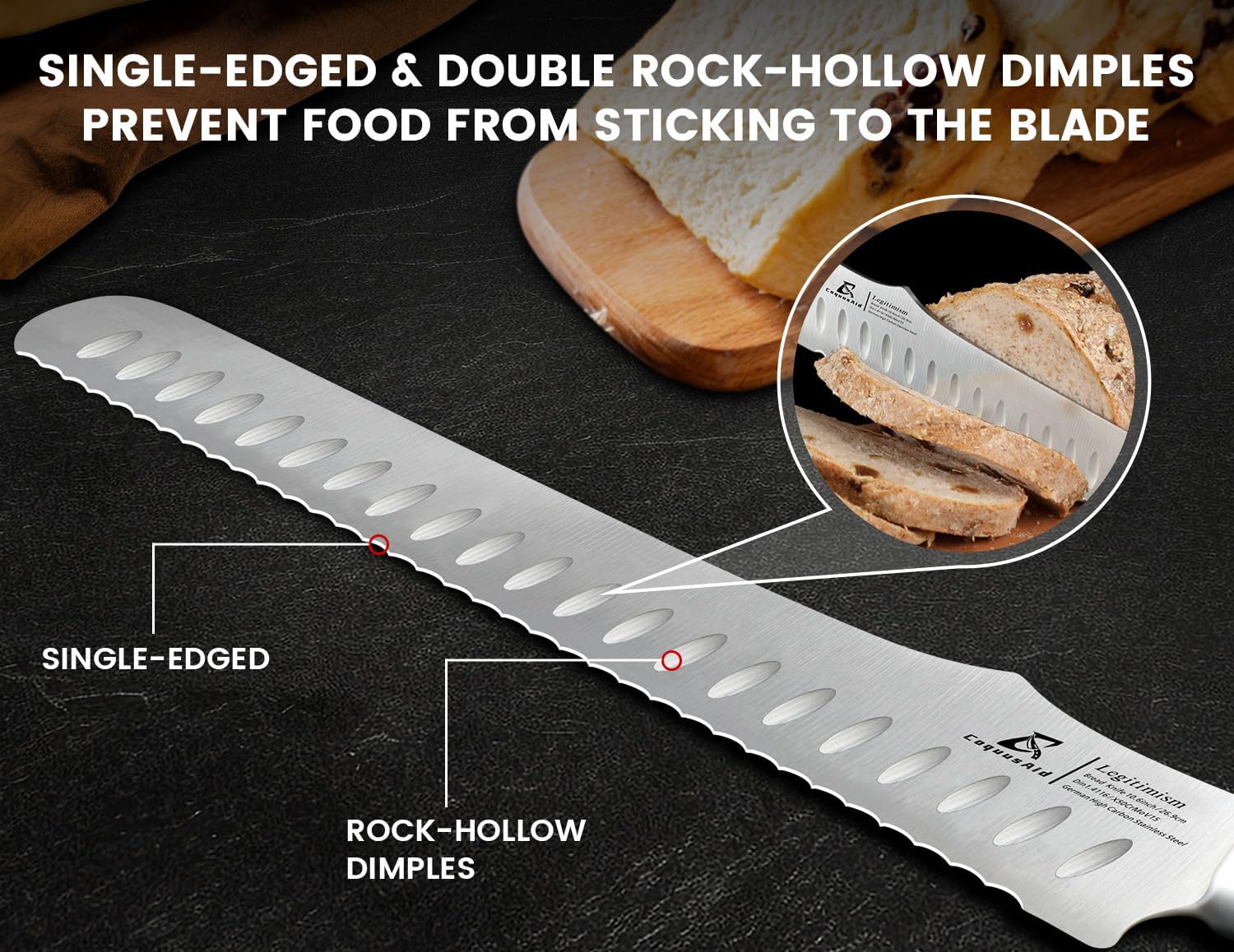CoquusAid Bread Knife for Homemade Bread, 10.6 Inch Multifunction Serrated Knife, Razor Sharp Slicer, Forged High Carbon German Steel, Full Tang Ergonomic Handle Design for Sourdough Turkey Fruit