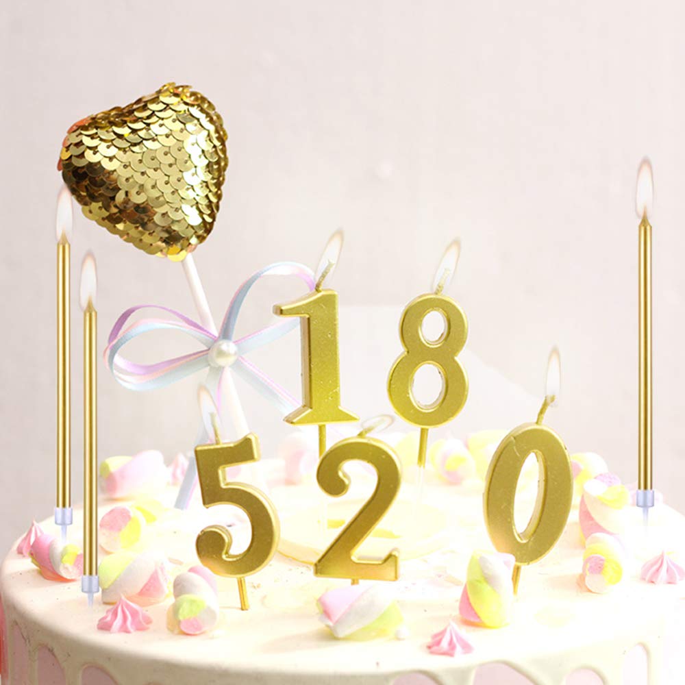 FULANDL 26Pcs Birthday Numeral Candles Set, 10Pcs Number 0-9 Glitter Cake Topper Decoration with 16Pcs Long, Star, Heart Birthday Candles (Gold)