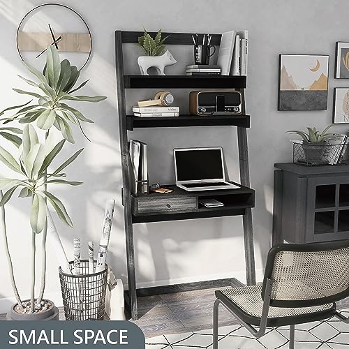 HOMES: Inside + Out Rexroad Wood Ladder Writing Desk with 1 Drawer and 3 Shelves-Versatile Kids Table, Wall-Mountable Leaning Design, Black and Distressed Gray