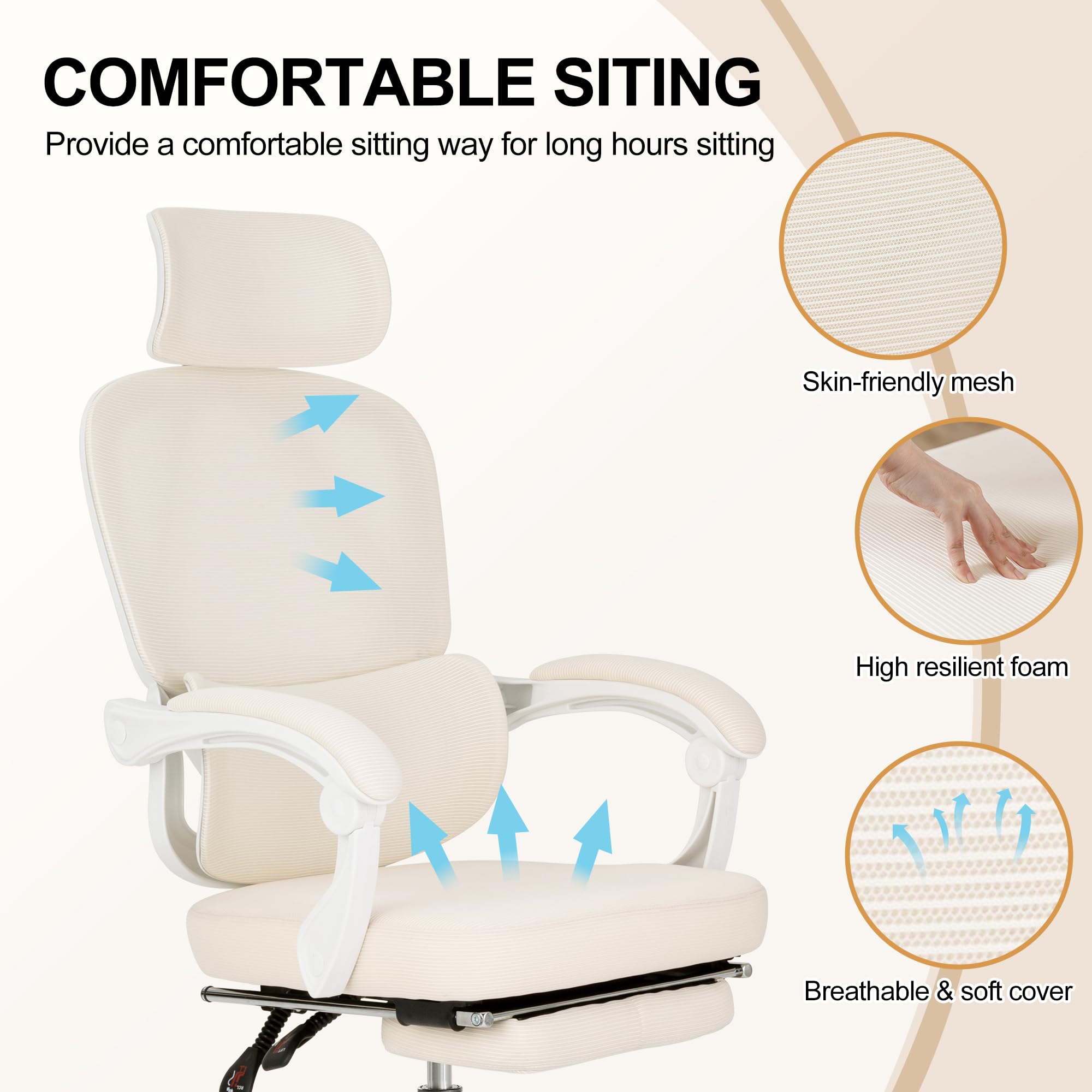BOWTHY Ergonomic Office Chair with Footrest,Mesh Home Office Desk Chair with Adjustable Lumbar Support & Headrest,90-135 Comfy Reclining Chair,High Back Computer Executive Chair,360 Swivel Task Chair
