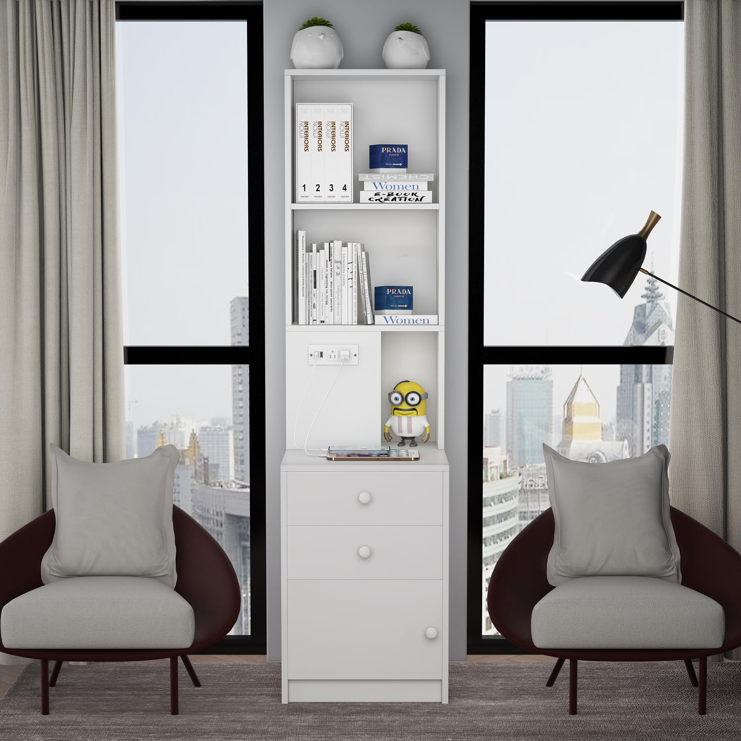 CATMANOR White Nightstand with Charging Station, Bed Side Table/Night Stand with Drawers, Bedside Table with Open Shelf Storage, Tall End Table for Bedroom Living Room 7R3