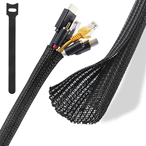 Cord Sleeves for Cables 1/2in - 5ft Split Braided Cable Sleeve Black, Hard PE Cord Protectors from Pets,Keep Cats from Chewing Cords, Flexible Wire Wrap Sleeving Wire Sleeve for Computer Automotive