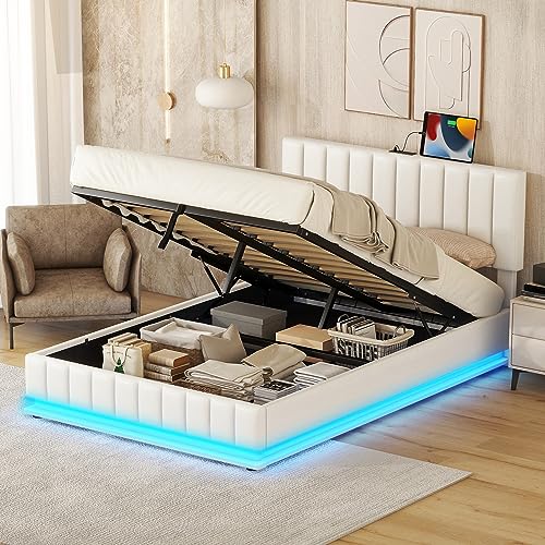 CKLMMC Modern Upholstered Platform Bed with Hydraulic Storage System,Full Size PU Storage Bed with LED Lights and USB Charger for Kids Teens Adults (White/PU-K)