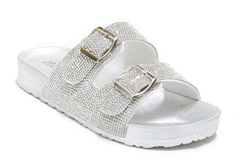 H2K Womens Glitter Double Buckle Adjustable Comfort Slip On Slides Sandals Espen (Silver, 10)