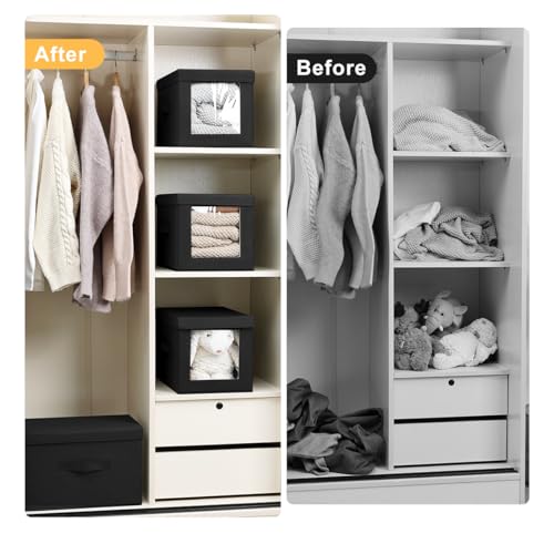 DIMJ Closet Storage Bins With Lids, Fabric Storage Boxes With Lids, Foldable Storage Cubes With Window, Decorative Fabric Storage Bins for Clothes Towel Books,4 Pack Black