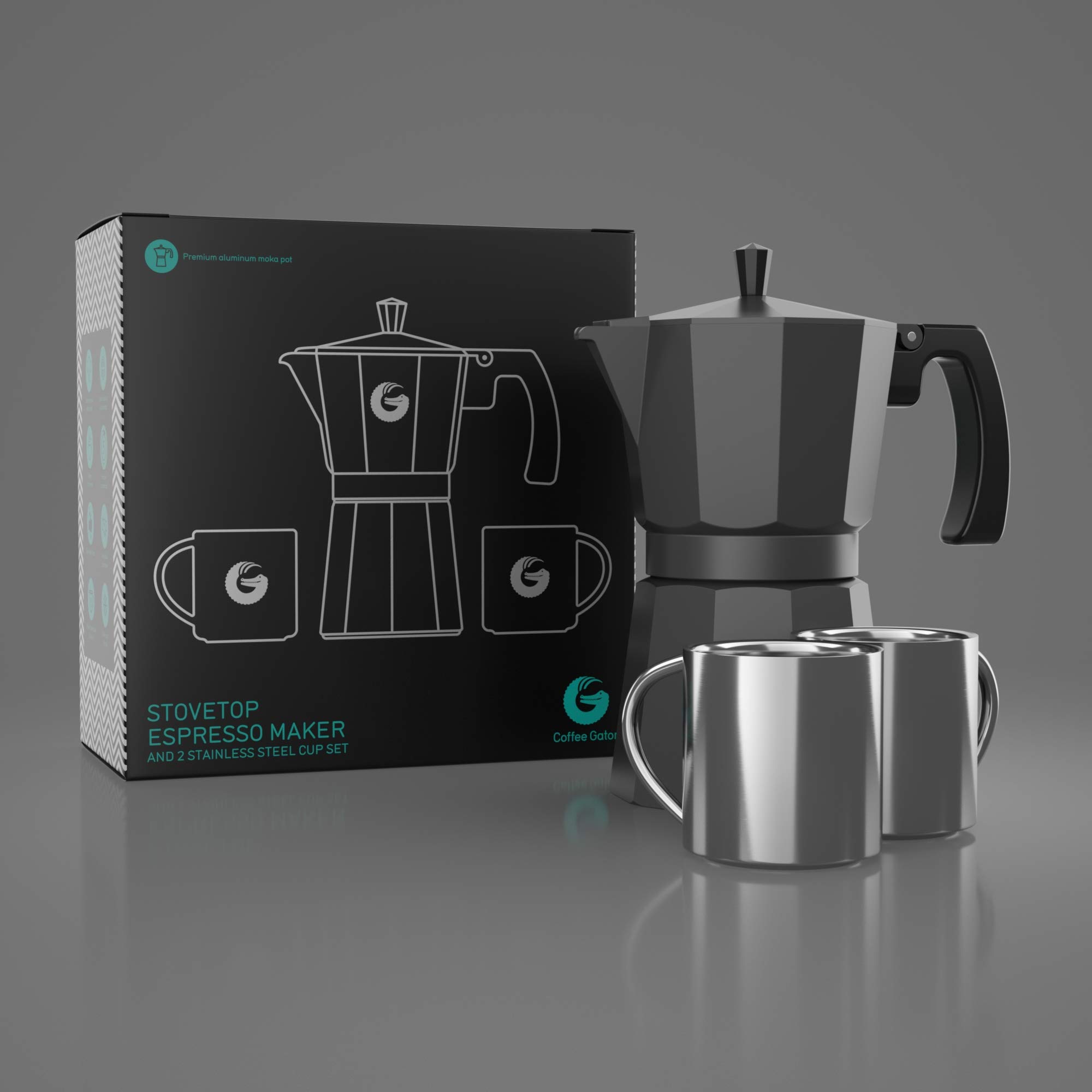 Coffee Gator Moka Pot - 6 Cup, Stovetop Espresso Maker - Classic Italian and Cuban Coffee Percolator w/ 2 Stainless-Steel Cups β Matte Grey Aluminum