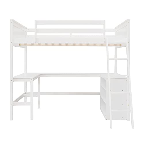 GYYBED Full Size Wooden Loft Bed with 3 Storage Shelves and Built-in L-Shape Desk for Kids Teens Adults Full Size loft Bed with Desk Full Size loft Bed loft Bed with Desk(White + Wood)