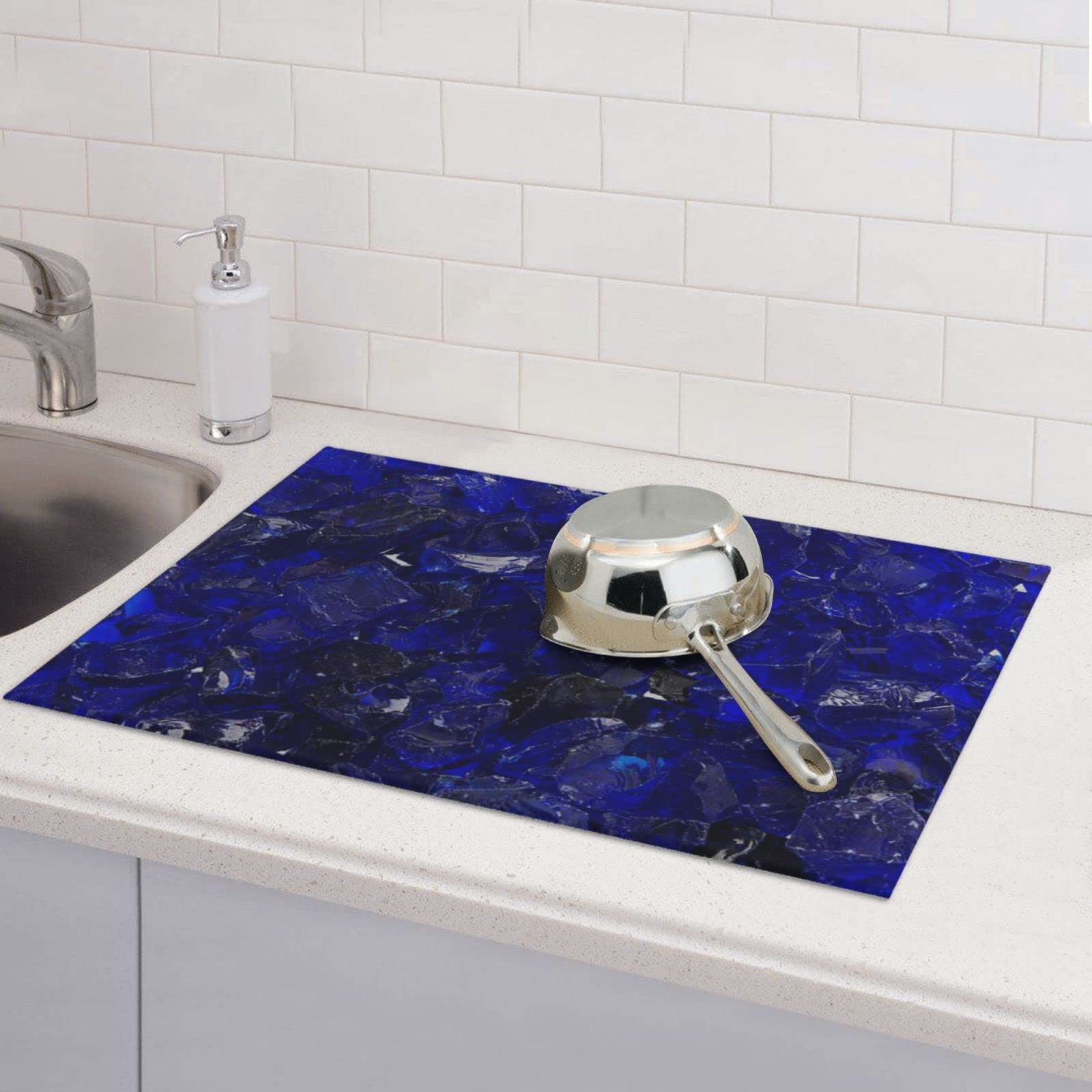 Cobalt Blue Glass Dish Drying Mat for Kitchen Counter, Large Microfiber Absorbent Reversible Hangding Quick Dish Draining Mat Protector Kitchen Decor Machine Washable 18×24 in
