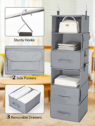 JARLINK 6-Shelf Hanging Closet Organizer, 2 Separable 3-Shelf Hanging Shelves with 3 Drawers, Clothes Organizer and Storage for Bedroom, Wardrobe, Nursery, RV, College Dorm, 12.2'' x 13.6'' x 47.2''
