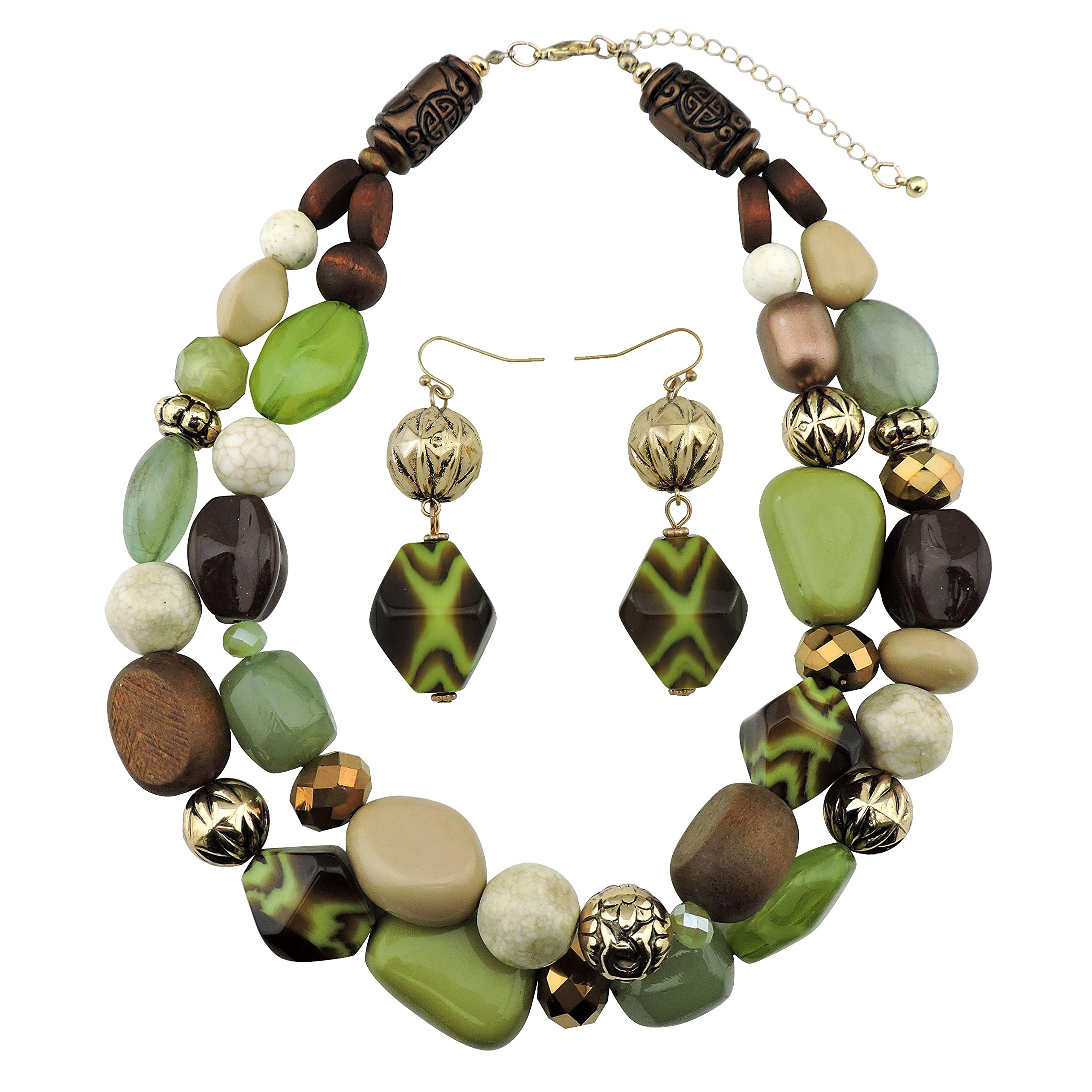 Bocar 2 Layer Statement Chunky Beaded Fashion Necklace Earrings Set for Women Gifts (NK-10384-olive-set)
