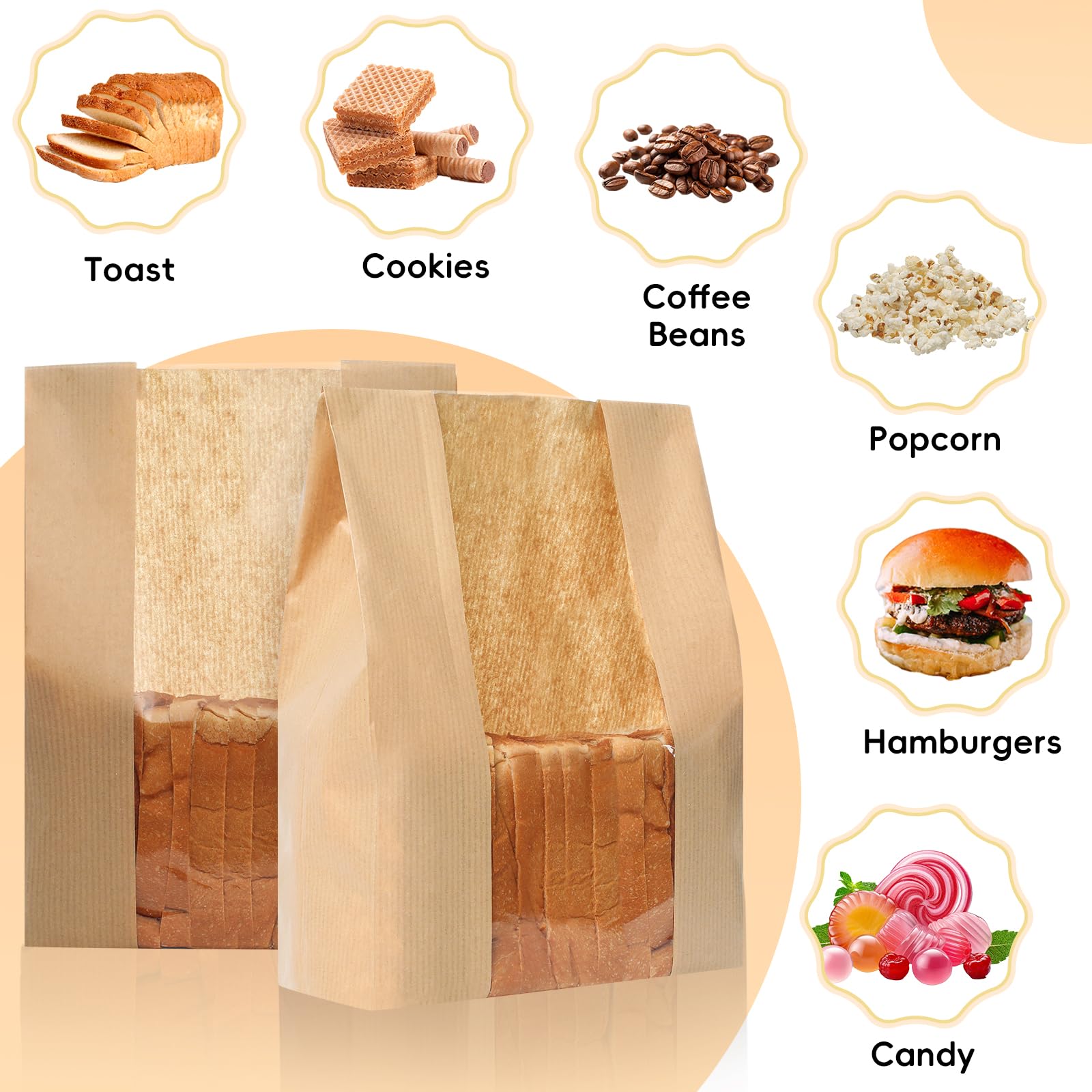 Funcoo 100 Pcs Paper Bread Bags for Home Bread Sourdough Bread Bakery Storage Bags with Window,Large Bakery Bread Loaf Bags for Baked Goods Packaging,Label Seal Sticker Included …