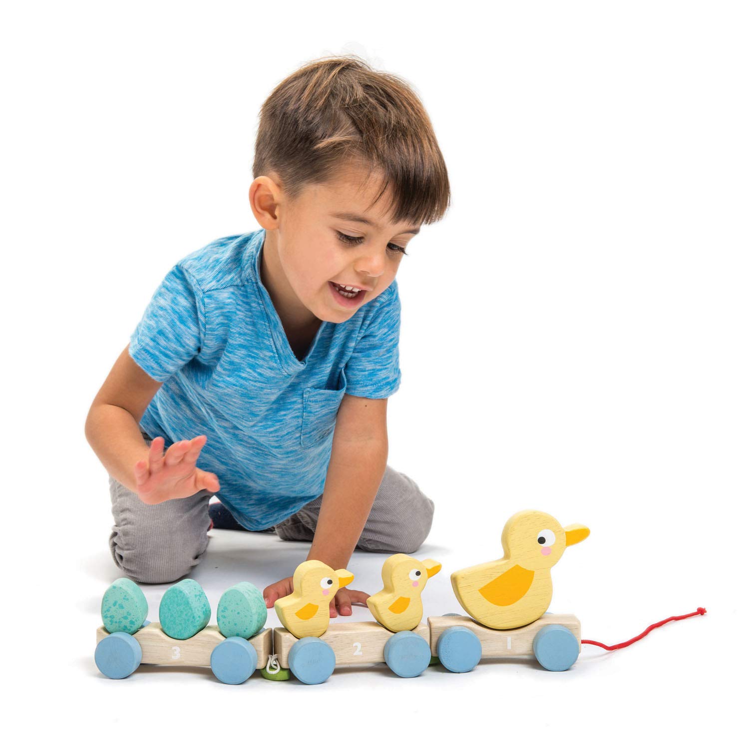 Tender Leaf Toys - Pull Along Ducks - Classic Wooden Pull Along Toy - 9pc Duck Family Set with 1 Mother Duck, 2 Baby Ducks, 3 Eggs and 3 Cars - Encourages Number Learning - 18Mths+