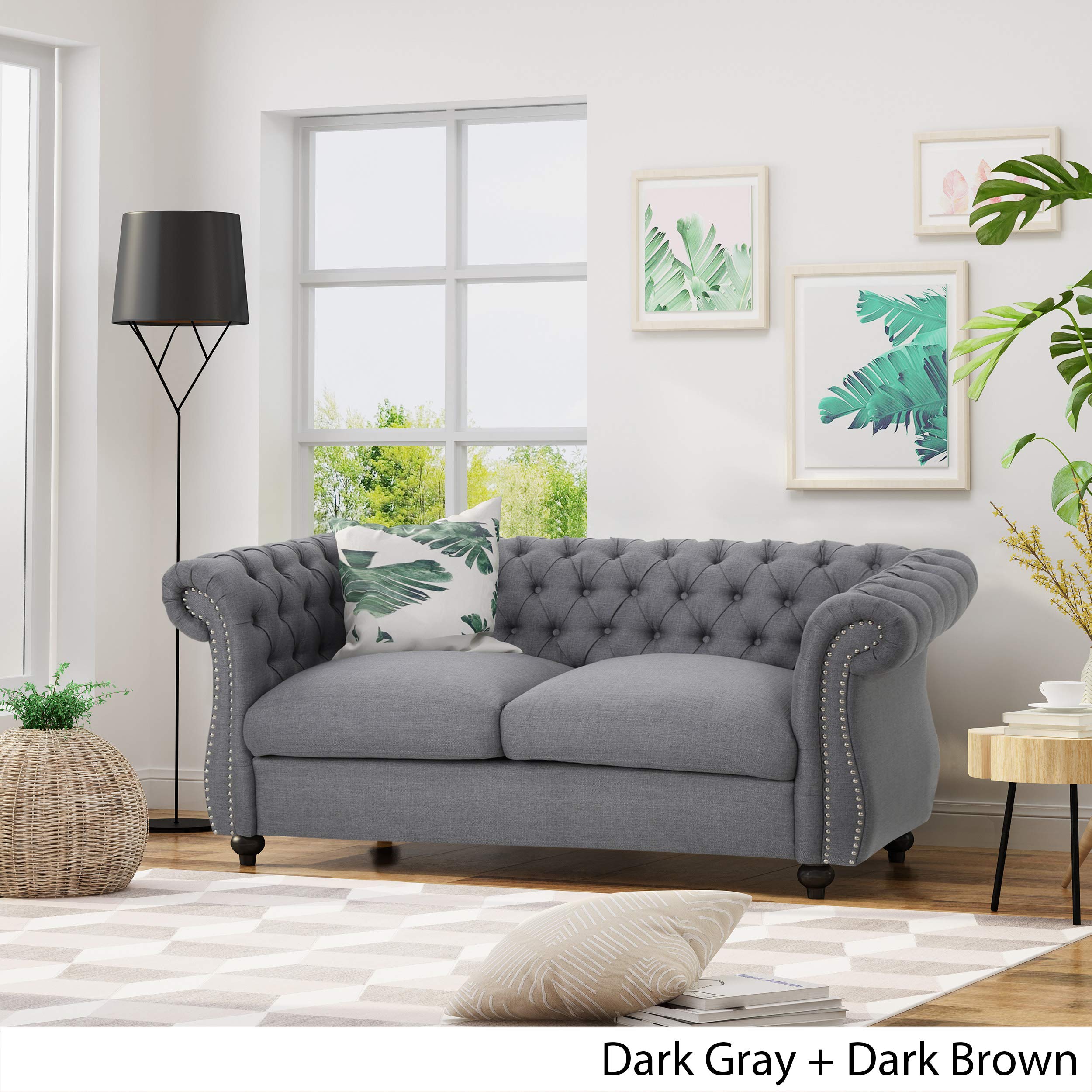 Christopher Knight Home GDFStudio Kyle Traditional Chesterfield Loveseat Sofa, Gray and Dark Brown, 61.75 x 33.75 x 27.75