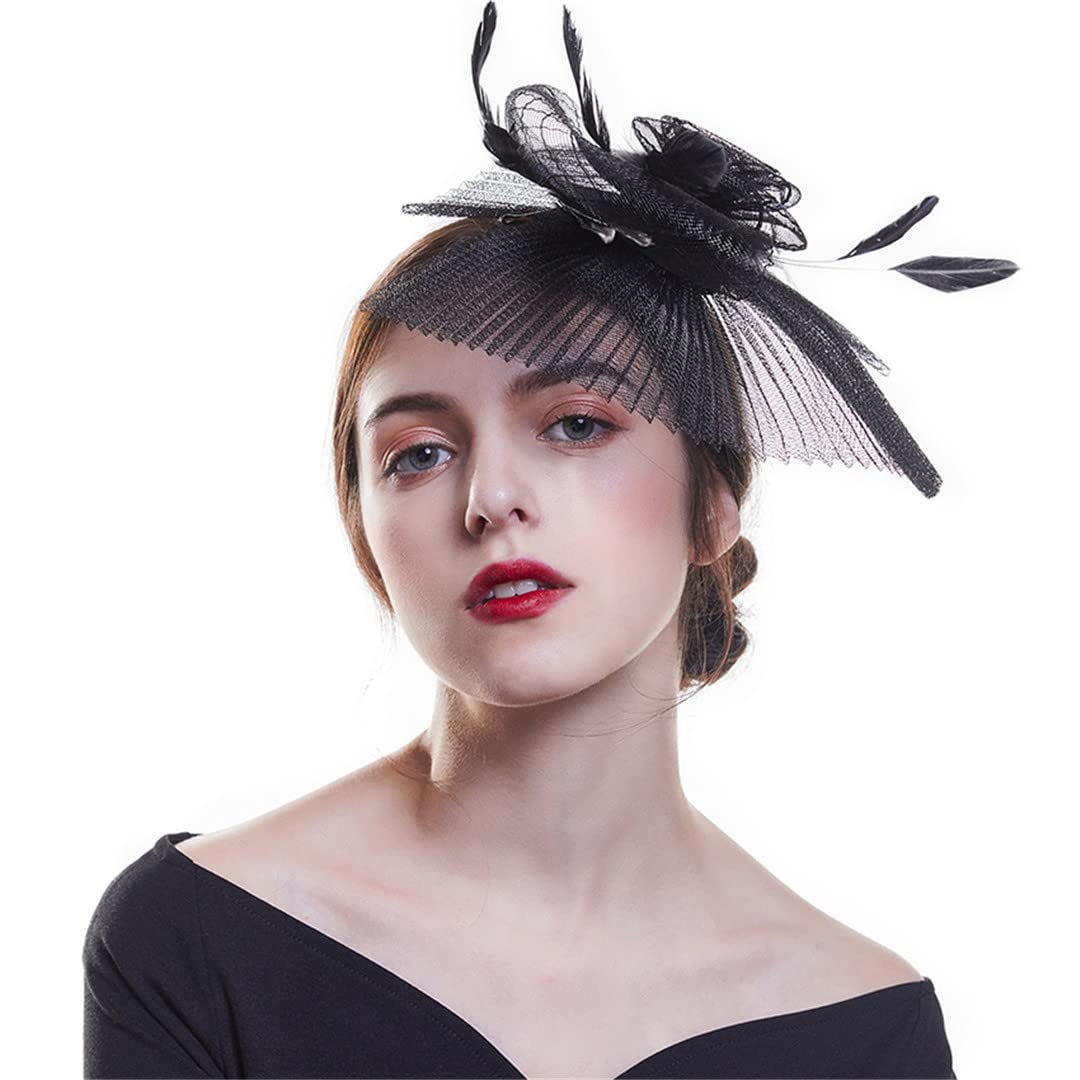 Black Hats Party Reticulate Feather Hats Stripe Wedding Hair Accessories Women Girls Hats Black