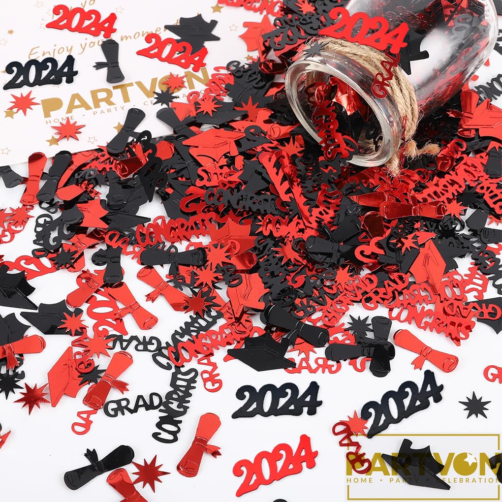 Graduation Confetti 2024, Black Red Decor Graduation Party Supplies，Class of 2024 Decorations Table Confetti for Kindergarten Preschool High School College