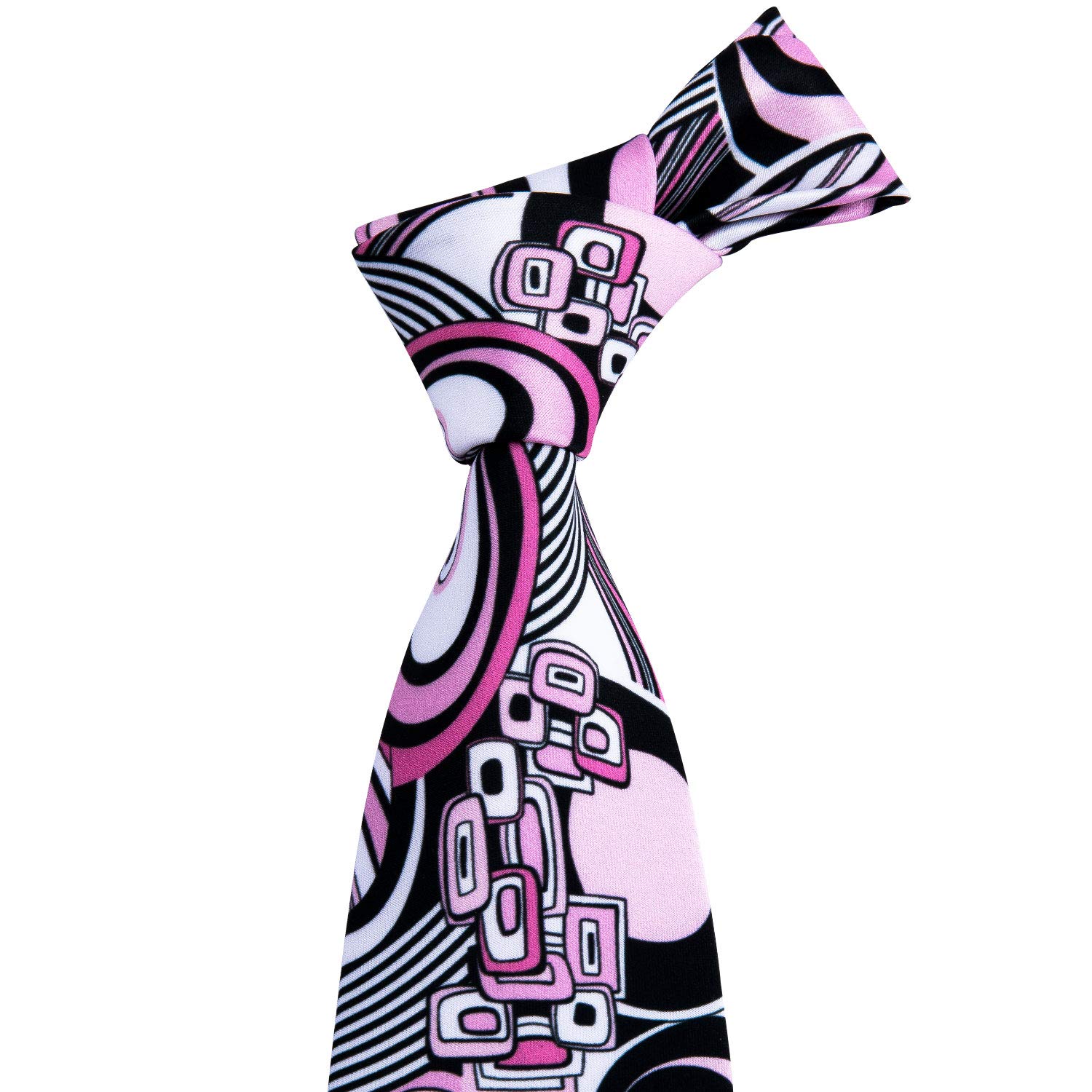 Barry.Wang Men Tie Set Print Pink Black White Silk Necktie Pocket Square Cufflinks Formal Wedding Party Business Festival
