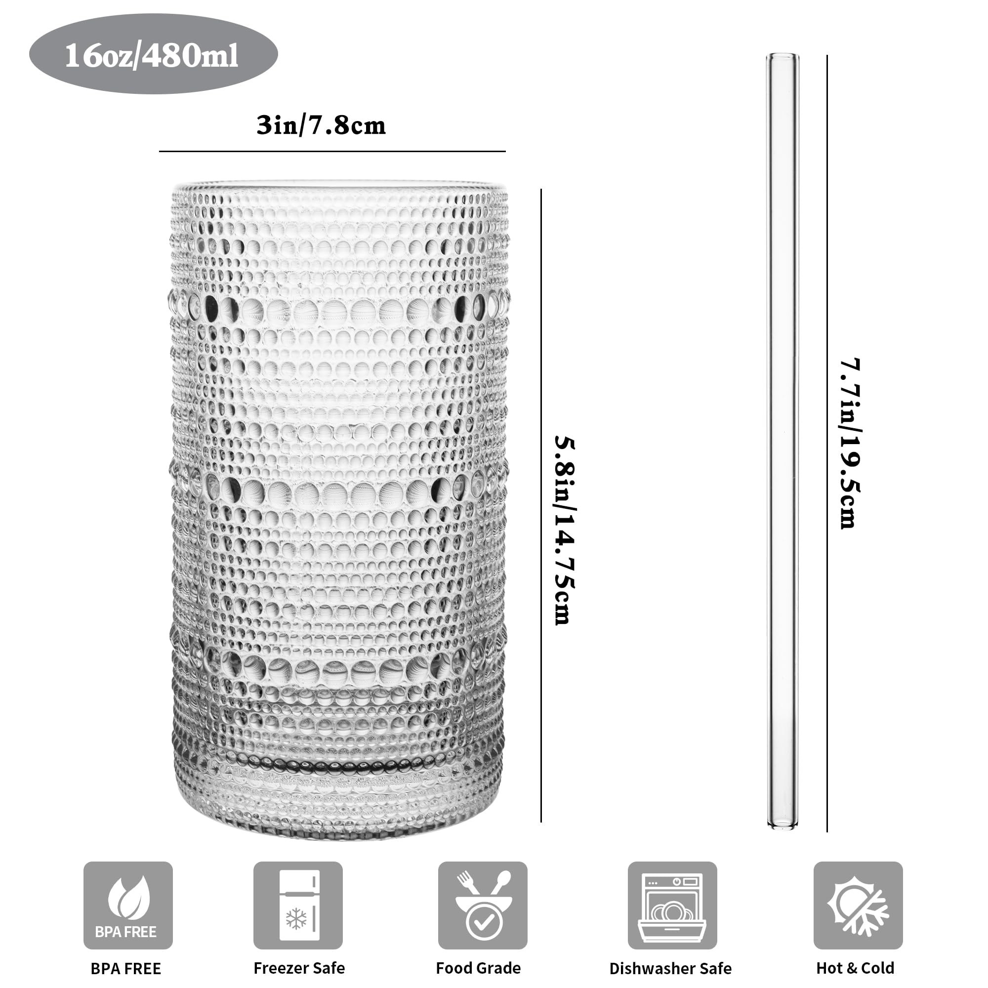 Dingerjar 2024 Upgraded Large Capacity 16 oz/480 ml Hobnail Glasses Drinking Set of 12 - Heavy Vintage Glassware