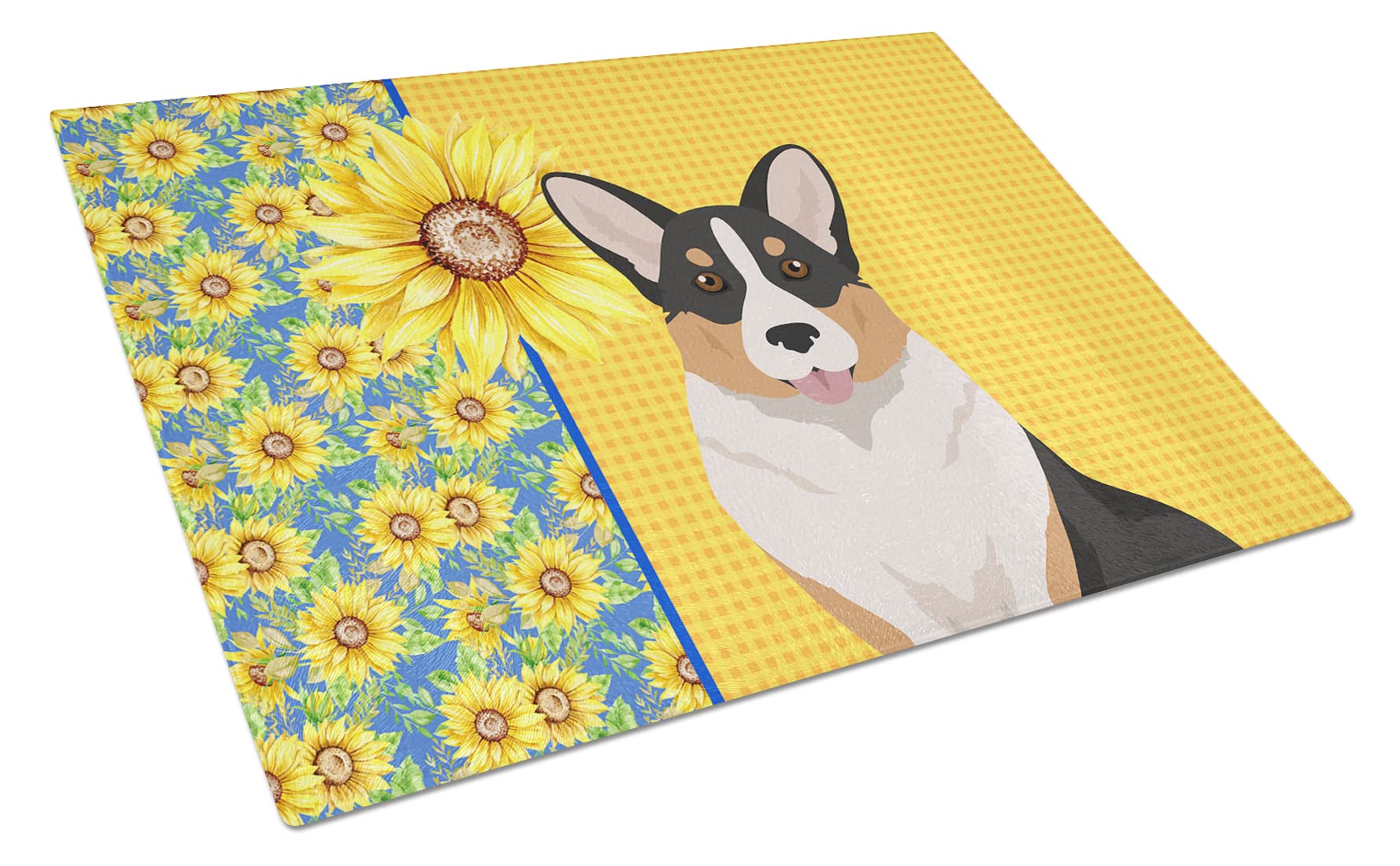 Caroline's Treasures WDK5497LCB Summer Sunflowers Tricolor Cardigan Corgi Glass Cutting Board Large Decorative Tempered Glass Kitchen Cutting and Serving Board Large Size Chopping Board