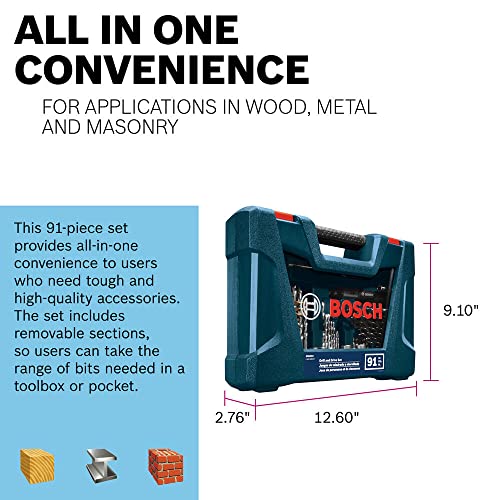 Bosch Power Tools Drill Kit - CLPK22-120 - 12-Volt Lithium-Ion 2-Tool Combo Kit (Drill/Driver and Impact Driver) with 2 Batteries, Charger and Case w/ 91 pc drill and drive bit set