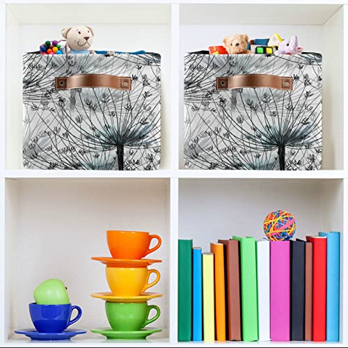 Nature Flowers Leaves Storage Basket Set of 2 Large Fabric Dandelion Storage Basket Bins Box Cube with Handles Collapsible Closet Shelf Clothes Organizer Basket for Nursery Bedroom