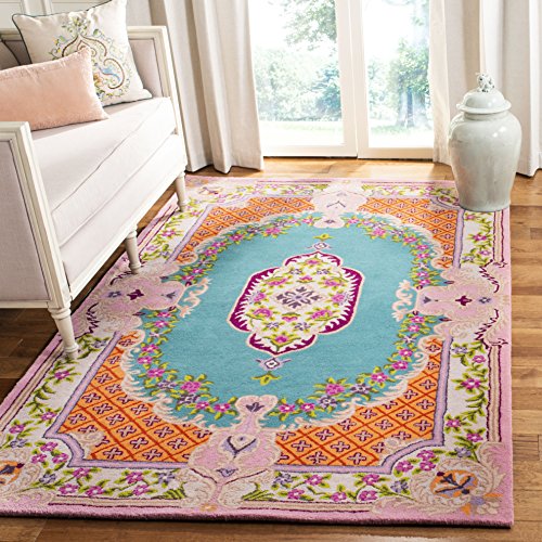 SAFAVIEH Bellagio Collection Area Rug - 8' x 10', Blue & Pink, Handmade Medallion Wool, Ideal for High Traffic Areas in Living Room, Bedroom (BLG535M)