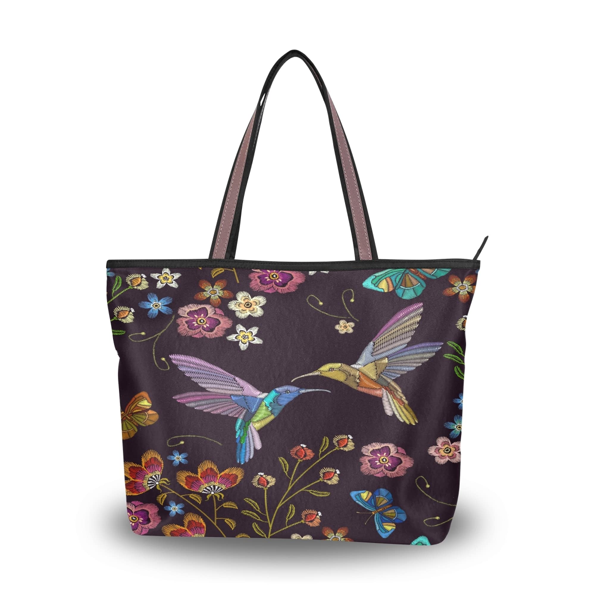 linqin Women's Shoulder Handbags Tote Purse with Zipper closure Humming Bird And Tropical Flowers Embroidery
