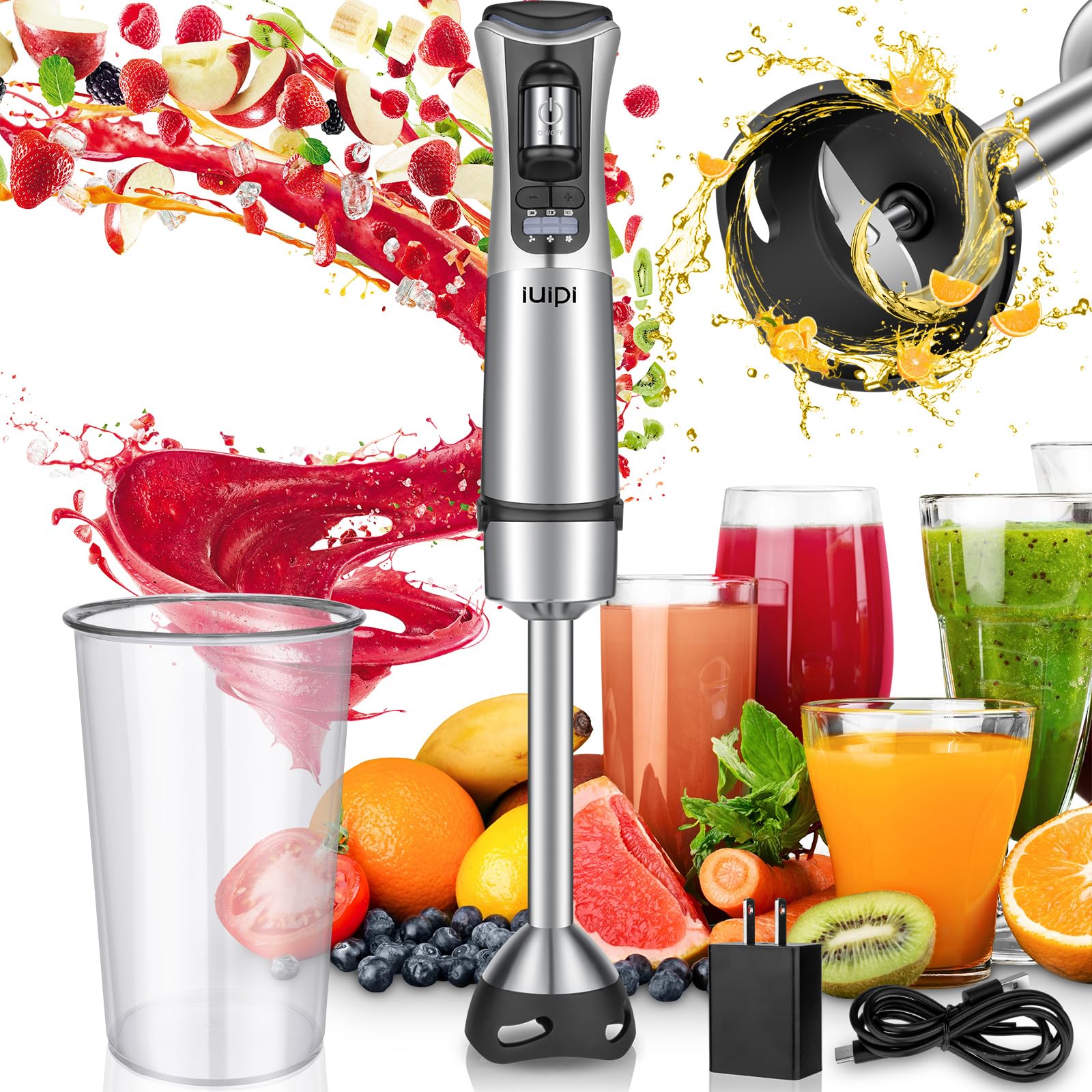 Cordless Immersion Blender, IUIPI Variable Speed Immersion Blender Handheld, Rechargeable Portable Stick Blender and 800ml Cup with 304 Stainless Steel Blade for Sauce, Soup, Smoothie, Baby Food