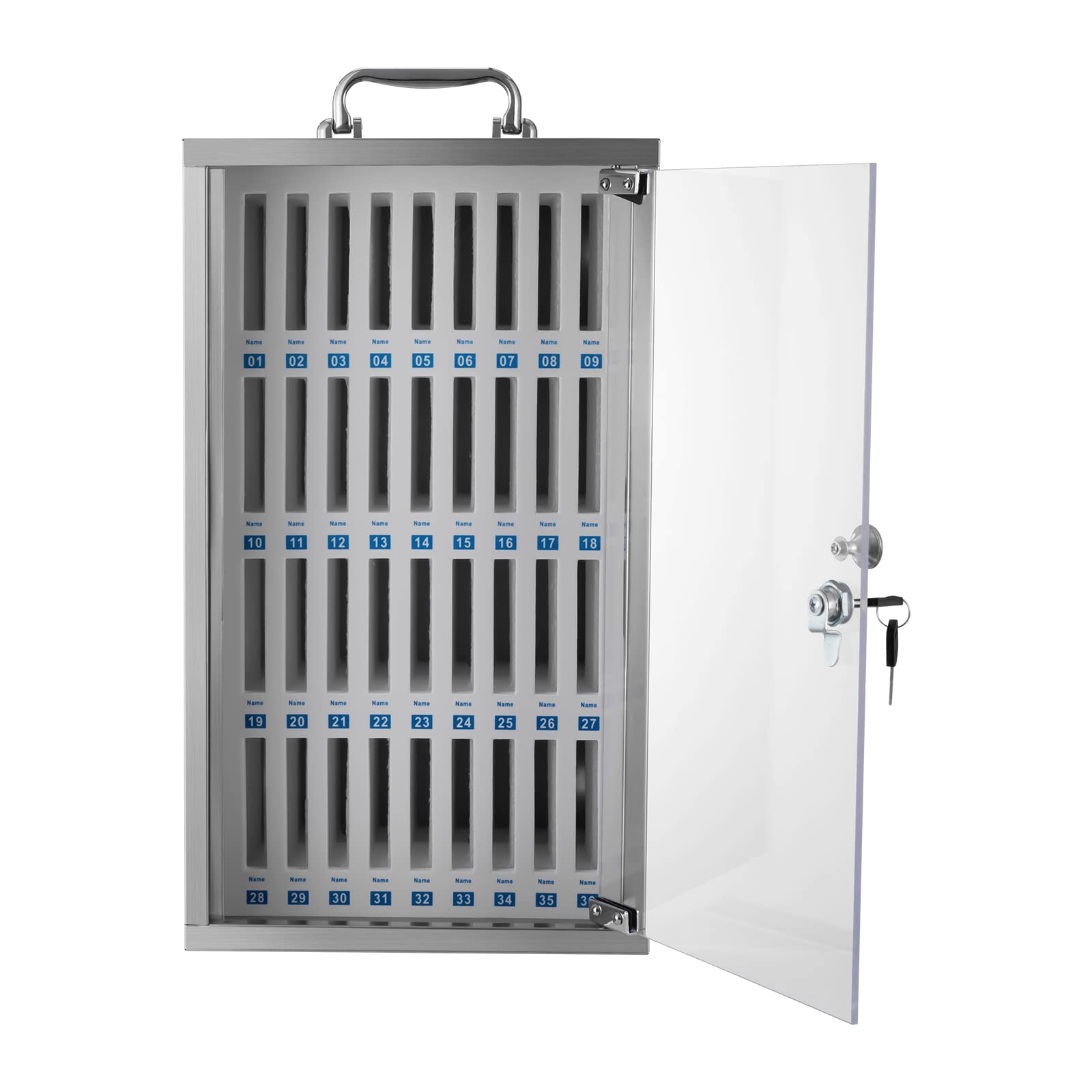 BANLICALI Phone Locker, 36-Slot Stainless Steel Cell Phone Locker Box, Desktop & Wall-Mounted Cell Phones Storage Cabinet with Door Locks and Handle for Classroom Office Employees Silver