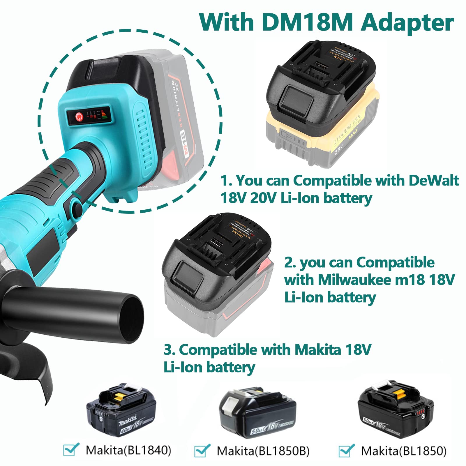 Cordless Angle Grinder, 18V variable speed metal grinders w/DM18M Battery Adapter,10000RPM Brushless Motor, 3/8 arbor, 110V 4-inch high power(Battery not include)