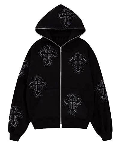 Easyoyo Men Women Skeleton Gothic Diamond Glitter Y2K E-Girl Oversize Full Zipper Hooded Sweatshirt Jacket