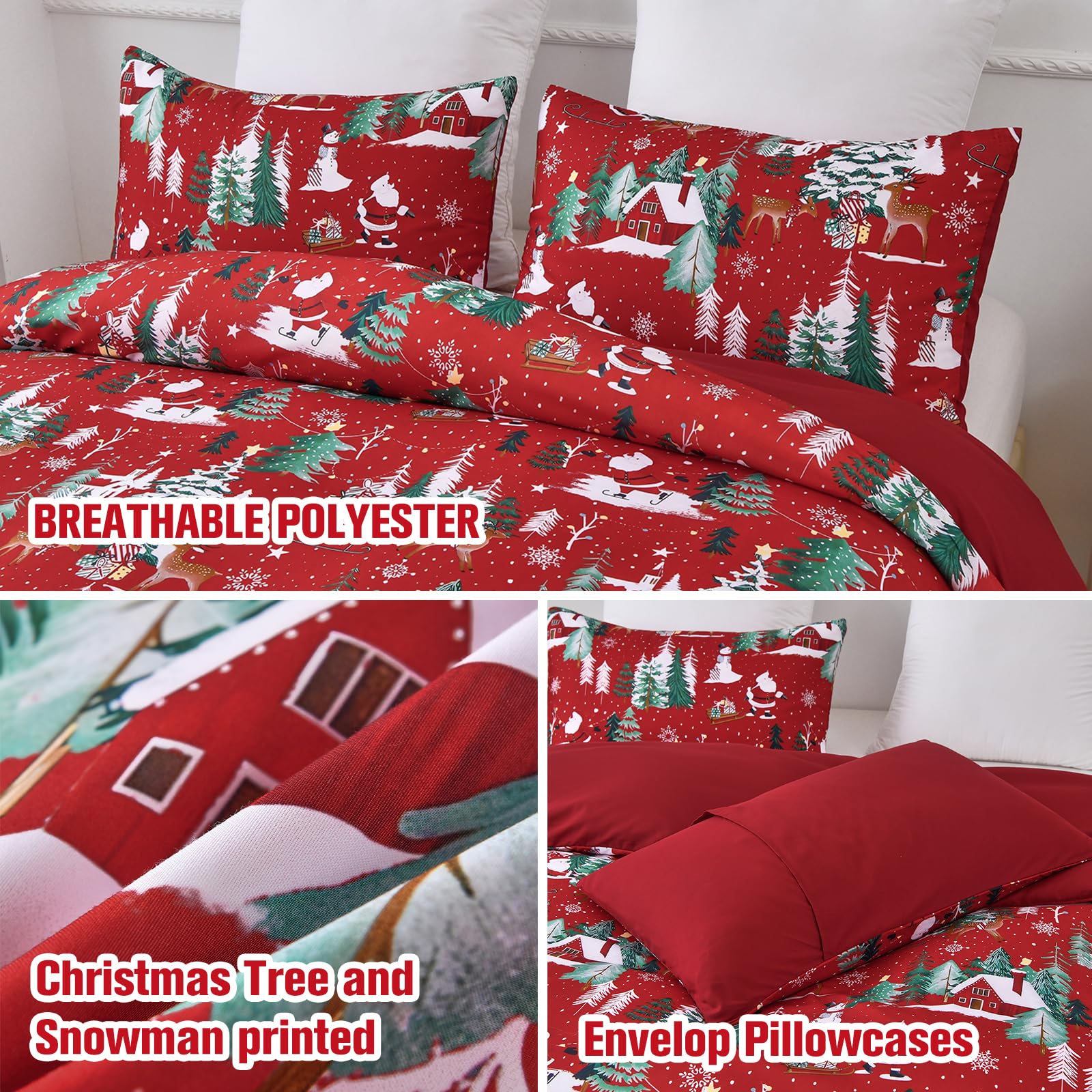 Dinjoy Christmas Red Duvet Cover Set King Size, 3 Piece Father Christmas Xmas Trees Snowman, Soft Microfiber King Duvet Cover Set for All Seasons