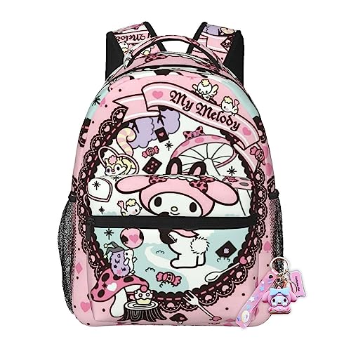 DIEZ My Bunny Melody Backpack Women Casual Pink Backpack Cartoon My Bunny Melody Kawaii Backpack Breathable Large-Capacity Travel Daypack With Keychain