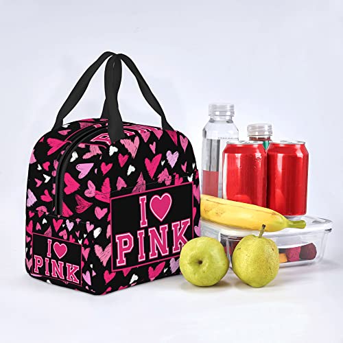 Giwawa I Like Pink Lunch Bag Pink Heart Portable Insulated Lunchbox Waterproof Tote Bento Bag for School Office Camping Picnic