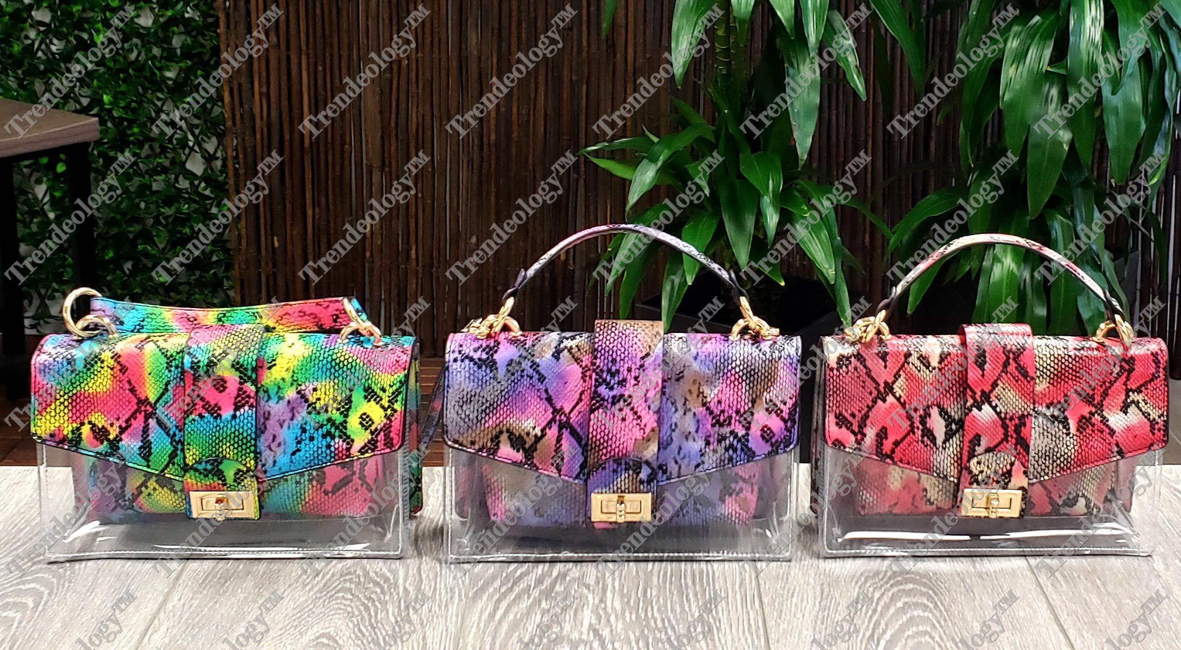 Multicolor Snake Print Pouch Clear Chain 2 Way Shoulder Bag Crossbody Stadium (1Medium Top-Handle Clear Satchel - Red Multi)