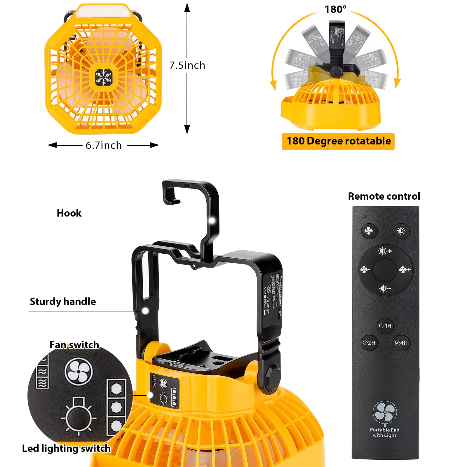 Cordless Fan for Dewalt 20v Max Battery,Portable Jobsite Fan with 3 Energy Efficient Speed Settings and 300LM Led Work Light,Battery Operated Fan for Bedroom Home Camping Tent Office (Tool Only)